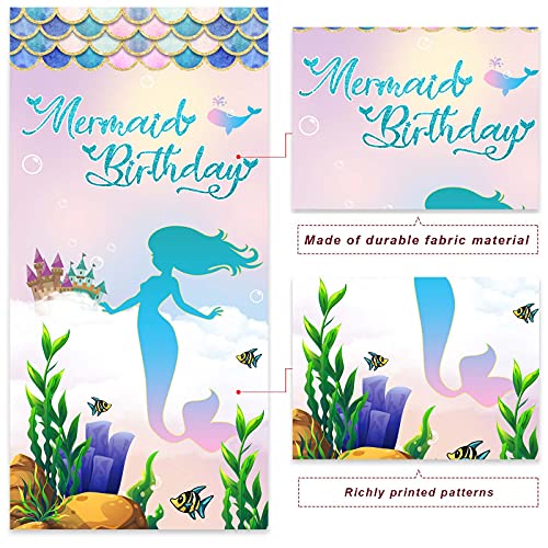 Mermaid Happy Birthday Banner Backdrop Background Castle Tropical Fish Scales Under The Sea Theme Decorations Decor for Girls Princess Daughter 1st Birthday Party Baby Shower Flag Supplies Favors