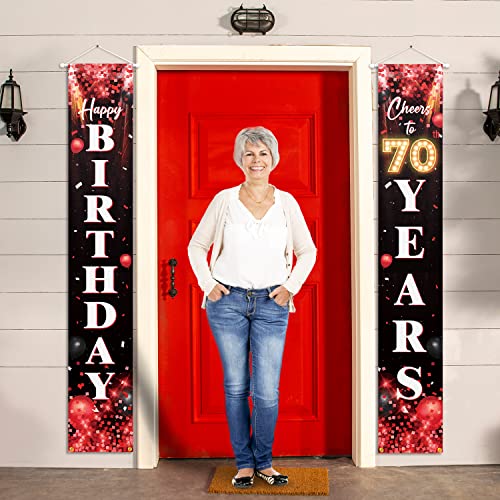 Happy 70th Birthday Porch Sign Door Banner Decor Red and Black – Glitter Cheers to 70 Years Old Birthday Party Theme Decorations for Men Women Supplies