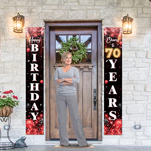 Happy 70th Birthday Porch Sign Door Banner Decor Red and Black – Glitter Cheers to 70 Years Old Birthday Party Theme Decorations for Men Women Supplies