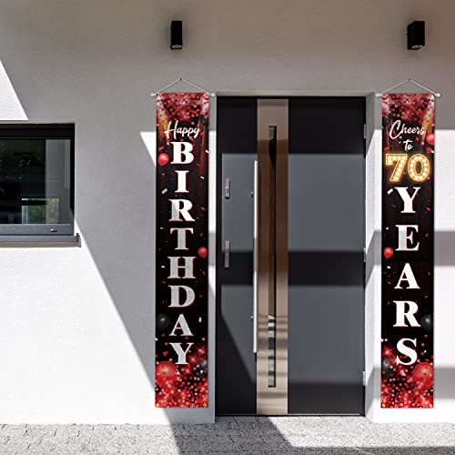 Happy 70th Birthday Porch Sign Door Banner Decor Red and Black – Glitter Cheers to 70 Years Old Birthday Party Theme Decorations for Men Women Supplies