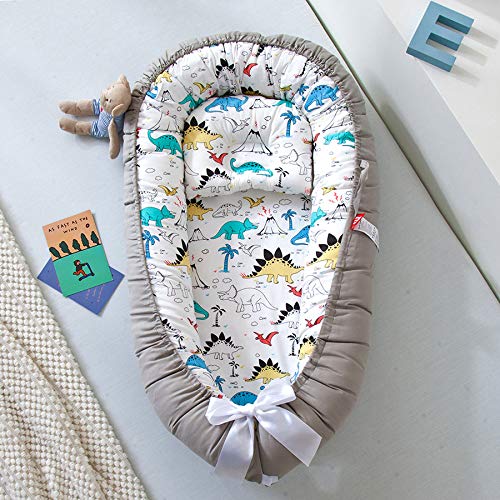 Vohunt Baby Lounger for Newborn,100% Cotton Co-Sleeper for Baby in Bed with Handles,Soft Newborn Lounger Adjustable Size & Strong Zipper Lengthen Space to 3 Tears Old(Gray Border Dinosaur)