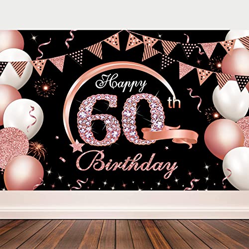 5x3ft Happy 60th Birthday Banner Backdrop Rose Gold 60th Birthday Decorations for Women 60 Birthday Sign Party Supplies Sixty Year Old Birthday Theme Poster Decor Photography Background