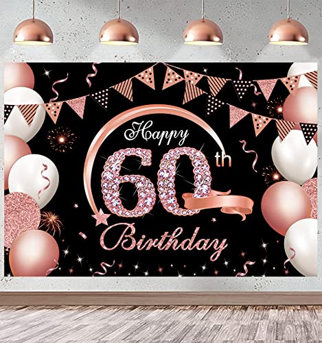 5x3ft Happy 60th Birthday Banner Backdrop Rose Gold 60th Birthday Decorations for Women 60 Birthday Sign Party Supplies Sixty Year Old Birthday Theme Poster Decor Photography Background