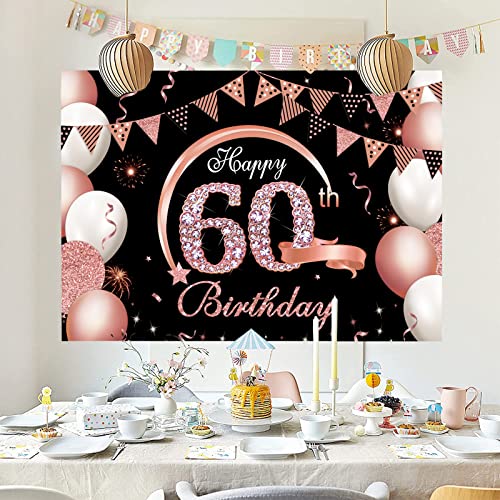 5x3ft Happy 60th Birthday Banner Backdrop Rose Gold 60th Birthday Decorations for Women 60 Birthday Sign Party Supplies Sixty Year Old Birthday Theme Poster Decor Photography Background