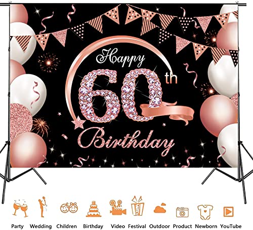 5x3ft Happy 60th Birthday Banner Backdrop Rose Gold 60th Birthday Decorations for Women 60 Birthday Sign Party Supplies Sixty Year Old Birthday Theme Poster Decor Photography Background