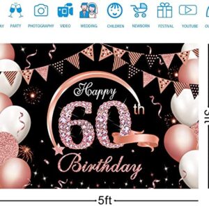 5x3ft Happy 60th Birthday Banner Backdrop Rose Gold 60th Birthday Decorations for Women 60 Birthday Sign Party Supplies Sixty Year Old Birthday Theme Poster Decor Photography Background