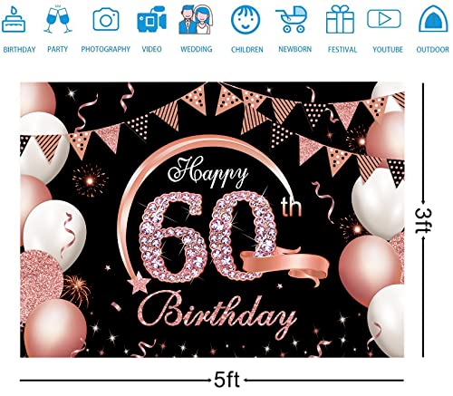 5x3ft Happy 60th Birthday Banner Backdrop Rose Gold 60th Birthday Decorations for Women 60 Birthday Sign Party Supplies Sixty Year Old Birthday Theme Poster Decor Photography Background