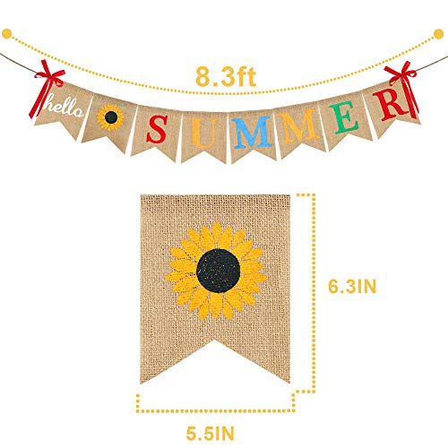 Hello Summer Burlap Banner Rustic Garland Decorations with Sunflower, Pool Beach Barbecue Hawaiian Party Decor Supplies