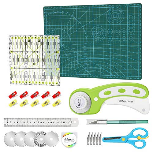 Rotary Cutter Kit，Rotary Cutter Tool Kit with with 5 Extra Blades, Cutting Mat, Patchwork Ruler, Carving Knife, Storage Bag for Sewing and Quilting