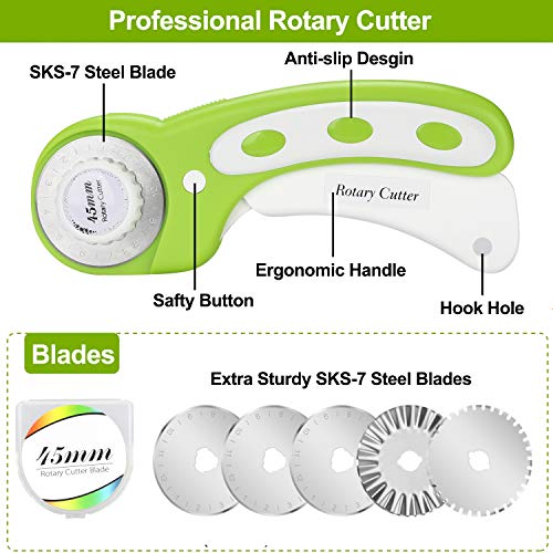 Rotary Cutter Kit，Rotary Cutter Tool Kit with with 5 Extra Blades, Cutting Mat, Patchwork Ruler, Carving Knife, Storage Bag for Sewing and Quilting