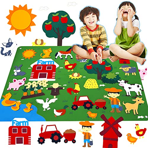 Tucimibo Farm Animals Felt Story Board Set 34Pcs, Flannel Storytelling Farmhouse Themed Activity Playmat Kit Wall Hanging Gift for Toddlers Kids Early Learning Educational Game Rug 3.5 * 2.5Ft