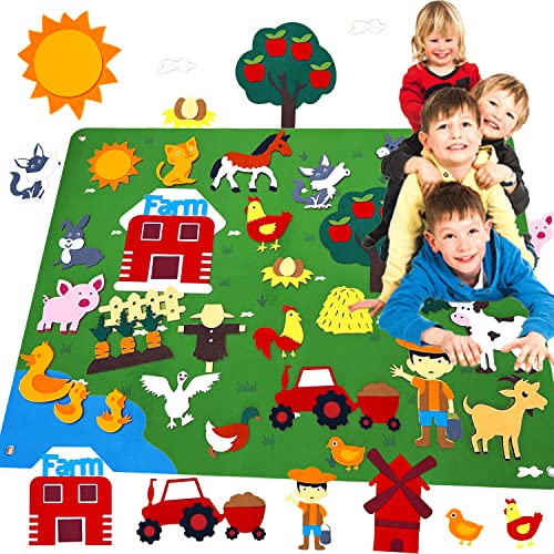 Tucimibo Farm Animals Felt Story Board Set 34Pcs, Flannel Storytelling Farmhouse Themed Activity Playmat Kit Wall Hanging Gift for Toddlers Kids Early Learning Educational Game Rug 3.5 * 2.5Ft