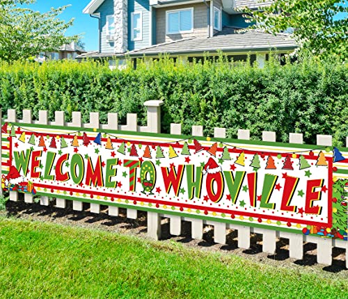 Large Whoville Christmas Decorations Banner Welcome To Whoville Yard Sign Hanging Banner Outdoor Christmas Decorations Grinch Backdrop Home Decor Indoor Christmas Eve Vacation Holiday Party Supplies