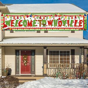 Large Whoville Christmas Decorations Banner Welcome To Whoville Yard Sign Hanging Banner Outdoor Christmas Decorations Grinch Backdrop Home Decor Indoor Christmas Eve Vacation Holiday Party Supplies