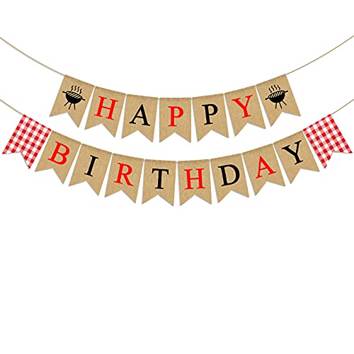 Pudodo Jute Burlap Happy Birthday Banner with Grill BBQ Theme Barbecue Party Decoration