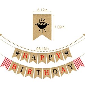 Pudodo Jute Burlap Happy Birthday Banner with Grill BBQ Theme Barbecue Party Decoration