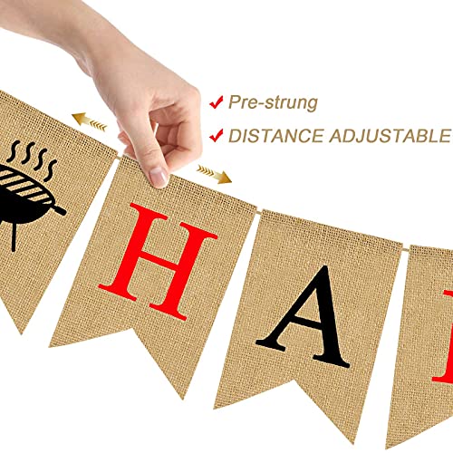 Pudodo Jute Burlap Happy Birthday Banner with Grill BBQ Theme Barbecue Party Decoration