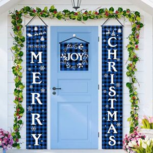 3 piece merry christmas porch signs christmas buffalo plaid porch banner xmas party front door sign joy christmas hanging decors for holiday home indoor outdoor christmas party favor (blue and black)