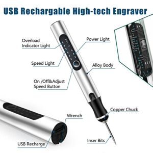 USB Rechargeable Micro Engraver Etching Pen,25W Mini Electric Engraving Tool,Portable Precision Engraving Pen with 35bits for DIY Jewelry Glass Wood Plastic (Silver)