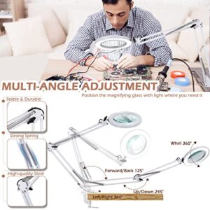 5 Inch Magnifying Glass with Light and Stand, TOMSOO 10X Real Glass Lighted Magnifier, Stepless Dimmable 3 Color Modes Adjustable LED Magnifying Desk lamp for Close Work Reading Repair Crafts - White