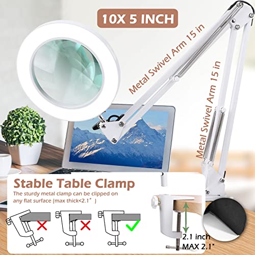 5 Inch Magnifying Glass with Light and Stand, TOMSOO 10X Real Glass Lighted Magnifier, Stepless Dimmable 3 Color Modes Adjustable LED Magnifying Desk lamp for Close Work Reading Repair Crafts - White