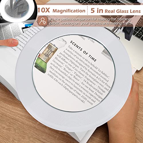 5 Inch Magnifying Glass with Light and Stand, TOMSOO 10X Real Glass Lighted Magnifier, Stepless Dimmable 3 Color Modes Adjustable LED Magnifying Desk lamp for Close Work Reading Repair Crafts - White