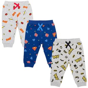 dc comics justice league superman the flash batman infant baby boys 3 pack jogger pants gray/blue 18 months