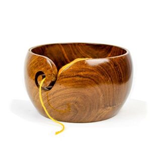 Nagina International Dark Rich Deep Wood Crafted Premium Polished Yarn Storage Bowl with Spiral Yarn Dispenser