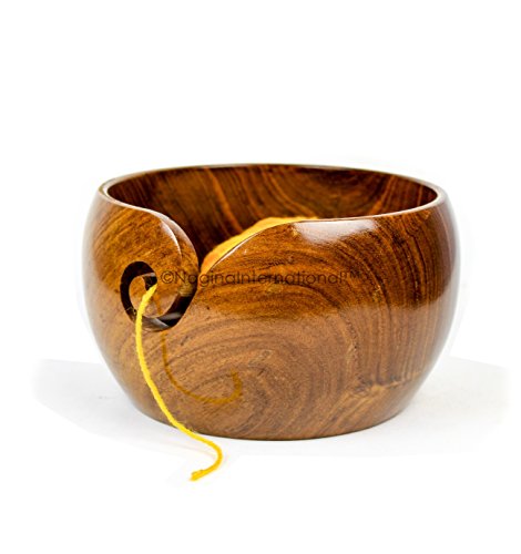 Nagina International Dark Rich Deep Wood Crafted Premium Polished Yarn Storage Bowl with Spiral Yarn Dispenser