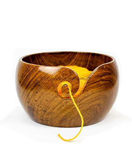 Nagina International Dark Rich Deep Wood Crafted Premium Polished Yarn Storage Bowl with Spiral Yarn Dispenser