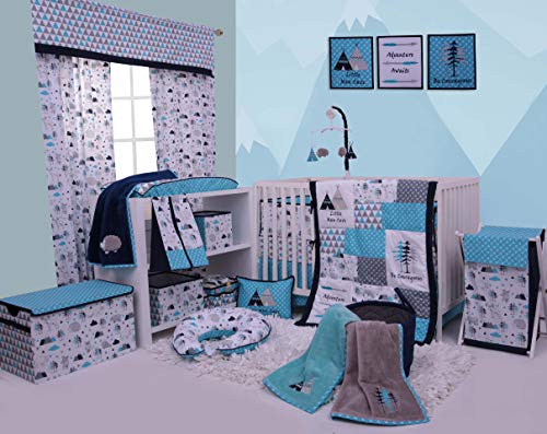 Bacati Woodlands Boys Cotton Activity Gym with Mat, Aqua/Navy/Grey