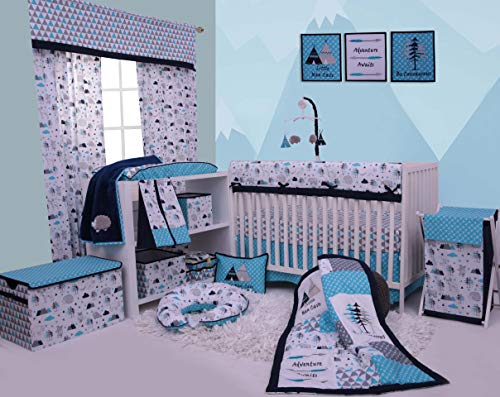 Bacati Woodlands Boys Cotton Activity Gym with Mat, Aqua/Navy/Grey