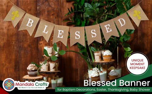 Mandala Crafts Blessed Banner for Baptism Decorations - Blessed Burlap Banner for Easter Communion Banner – Blessed Garland Bunting Sign for Baby Shower Thanksgiving Party Fireplace Mantle Decoration