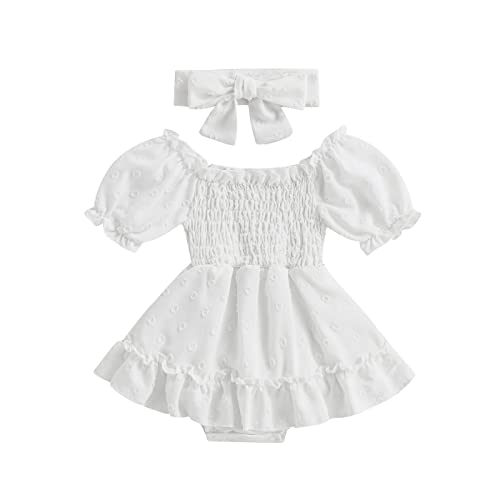 Baby Girls Romper Dress Summer Ruffle Chiffon Smocked Dress Vintage Onesie with Headband Princess Outfit (12-18 Months,White)