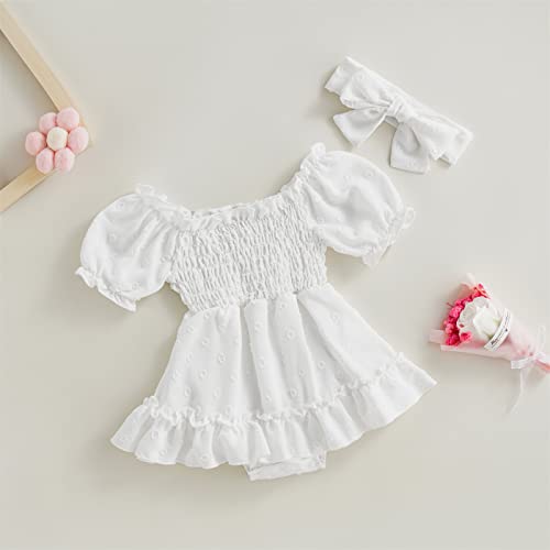 Baby Girls Romper Dress Summer Ruffle Chiffon Smocked Dress Vintage Onesie with Headband Princess Outfit (12-18 Months,White)