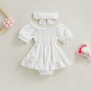 Baby Girls Romper Dress Summer Ruffle Chiffon Smocked Dress Vintage Onesie with Headband Princess Outfit (12-18 Months,White)