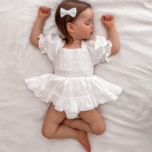 Baby Girls Romper Dress Summer Ruffle Chiffon Smocked Dress Vintage Onesie with Headband Princess Outfit (12-18 Months,White)