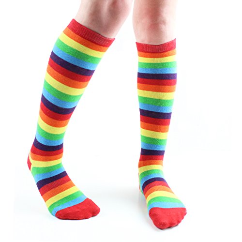 juDanzy Knee High Tall Baby, toddler & kids Socks with Arch Support (6-10 Years (Size 1-7), White with rainbow & Rainbow Stripe)