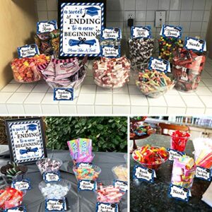 Yaaaaasss! 18pcs Graduation Candy Bar Dessert Buffet Decoration-A Sweet Ending to A New Beginning Sign Blue Congrats Grad Banner Food Labels Dessert Table Party Favor Ideas Supplies Navy Blue