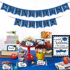 Yaaaaasss! 18pcs Graduation Candy Bar Dessert Buffet Decoration-A Sweet Ending to A New Beginning Sign Blue Congrats Grad Banner Food Labels Dessert Table Party Favor Ideas Supplies Navy Blue