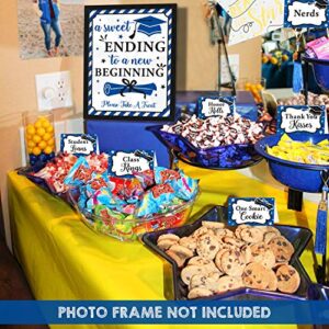 Yaaaaasss! 18pcs Graduation Candy Bar Dessert Buffet Decoration-A Sweet Ending to A New Beginning Sign Blue Congrats Grad Banner Food Labels Dessert Table Party Favor Ideas Supplies Navy Blue