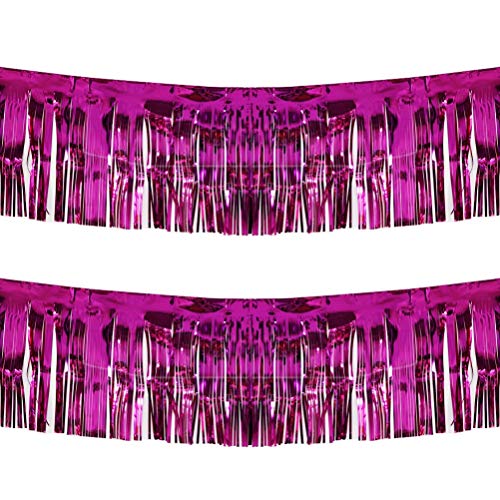 Blukey 10 Feet by 15 Inch Fuchsia Foil Fringe Garland - Pack of 2 | Shiny Metallic Tinsel Banner | Ideal for Parade Floats, Bridal Shower, Wedding, Birthday, Christmas | Wall Hanging Drapes