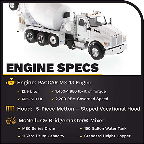 Diecast Masters Kenworth T880 SFFA Concrete Mixer Truck - Pearl White | Tandem with Lift Axle and McNeilus Bridgemaster Mixer | 1:50 Scale Model Semi Trucks | Diecast Model 71081