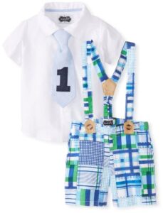 mud pie baby boys’ i’m one 3 piece set madras plaid shorts button down and tie set, multi, 12 18 months