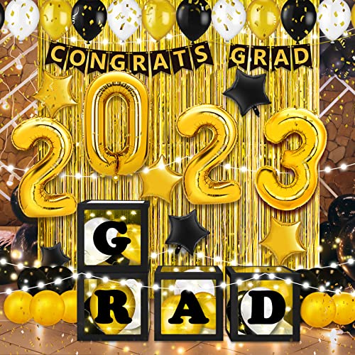 Graduation Party Decorations 2023, Gold Graduation Decorations Class of 2023 with Boxes, Balloons, Banner, Large Congrats Grad Party Supplies, Grad Decorations for Senior High School College(Gold)