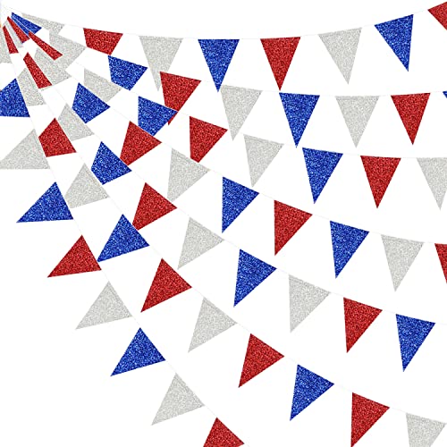 YSSAI 40 Ft Red Blue Silver Triangle Flag Bunting Banners Double Sided Glittery Hanging Paper Patriotic Pennant Banner 4th of July Decorations Patriotic Party Decorations Supplies, SA0030