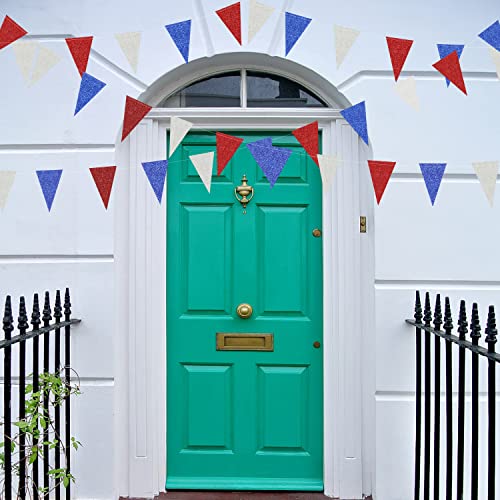 YSSAI 40 Ft Red Blue Silver Triangle Flag Bunting Banners Double Sided Glittery Hanging Paper Patriotic Pennant Banner 4th of July Decorations Patriotic Party Decorations Supplies, SA0030