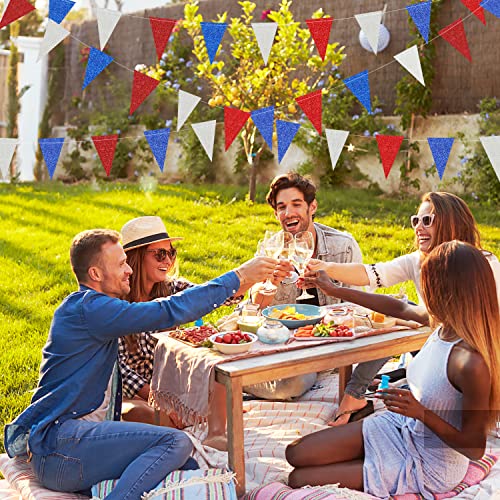 YSSAI 40 Ft Red Blue Silver Triangle Flag Bunting Banners Double Sided Glittery Hanging Paper Patriotic Pennant Banner 4th of July Decorations Patriotic Party Decorations Supplies, SA0030