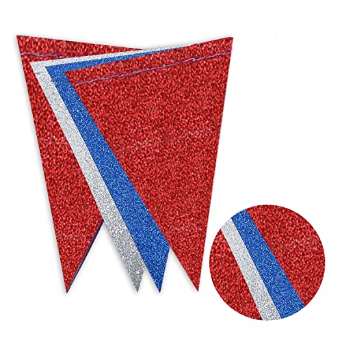 YSSAI 40 Ft Red Blue Silver Triangle Flag Bunting Banners Double Sided Glittery Hanging Paper Patriotic Pennant Banner 4th of July Decorations Patriotic Party Decorations Supplies, SA0030