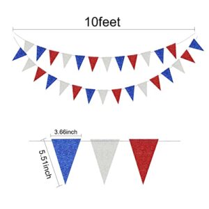 YSSAI 40 Ft Red Blue Silver Triangle Flag Bunting Banners Double Sided Glittery Hanging Paper Patriotic Pennant Banner 4th of July Decorations Patriotic Party Decorations Supplies, SA0030